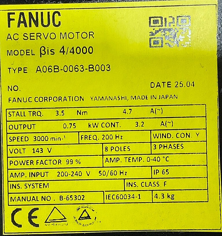 Fanuc A06B-0063-B003 AC MOTOR BIS4/4000 B128IA TAPERSHAFT 1 YR WARRANTY | General Servo ...