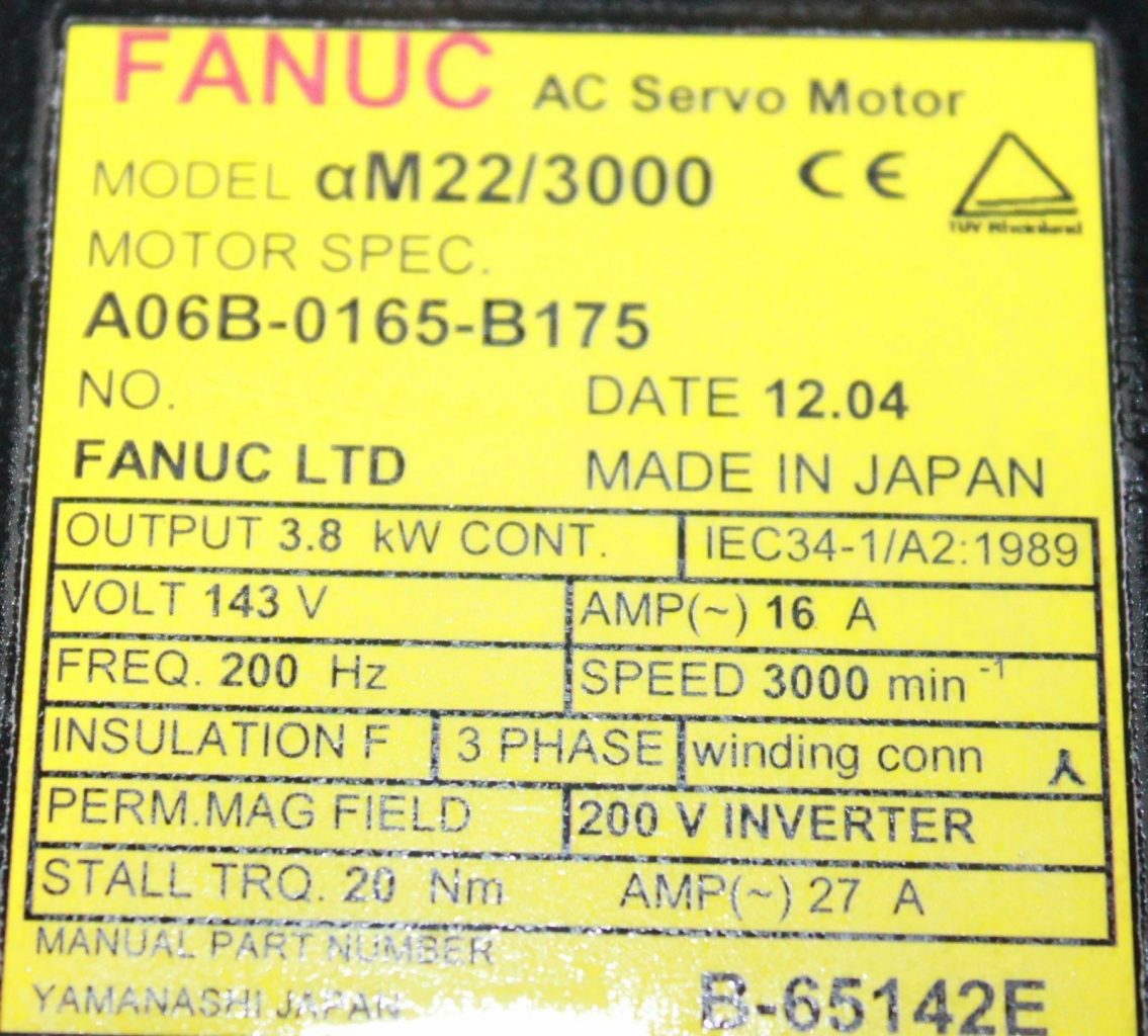 A06B-0165-B175 Fanuc AC Servo Motor AM22/3000 A64 W/Brake, 143V, 200Hz, 3PH, 16A | General Servo ...
