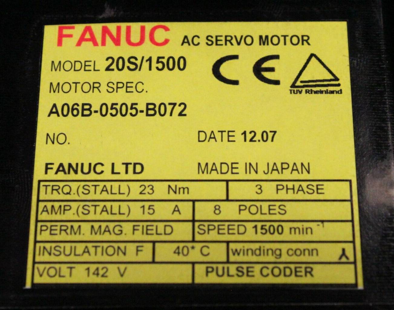 Fanuc A06B-0505-B072 AC MOTOR 20S/1500 SERIAL A *1 YEAR WARRANTY ...