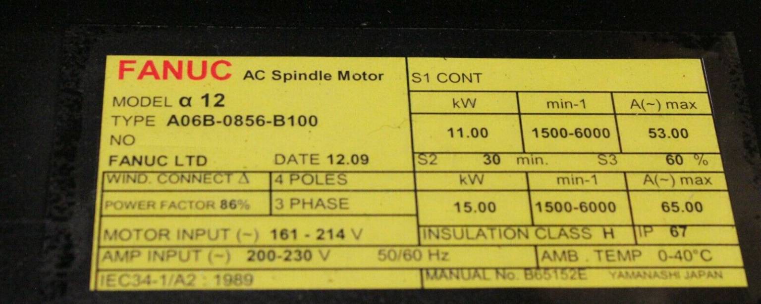 A06B-0856-B100 Fanuc AC Spindle Motor A12 Flange Mt, 161-214V, 50/60HZ ...