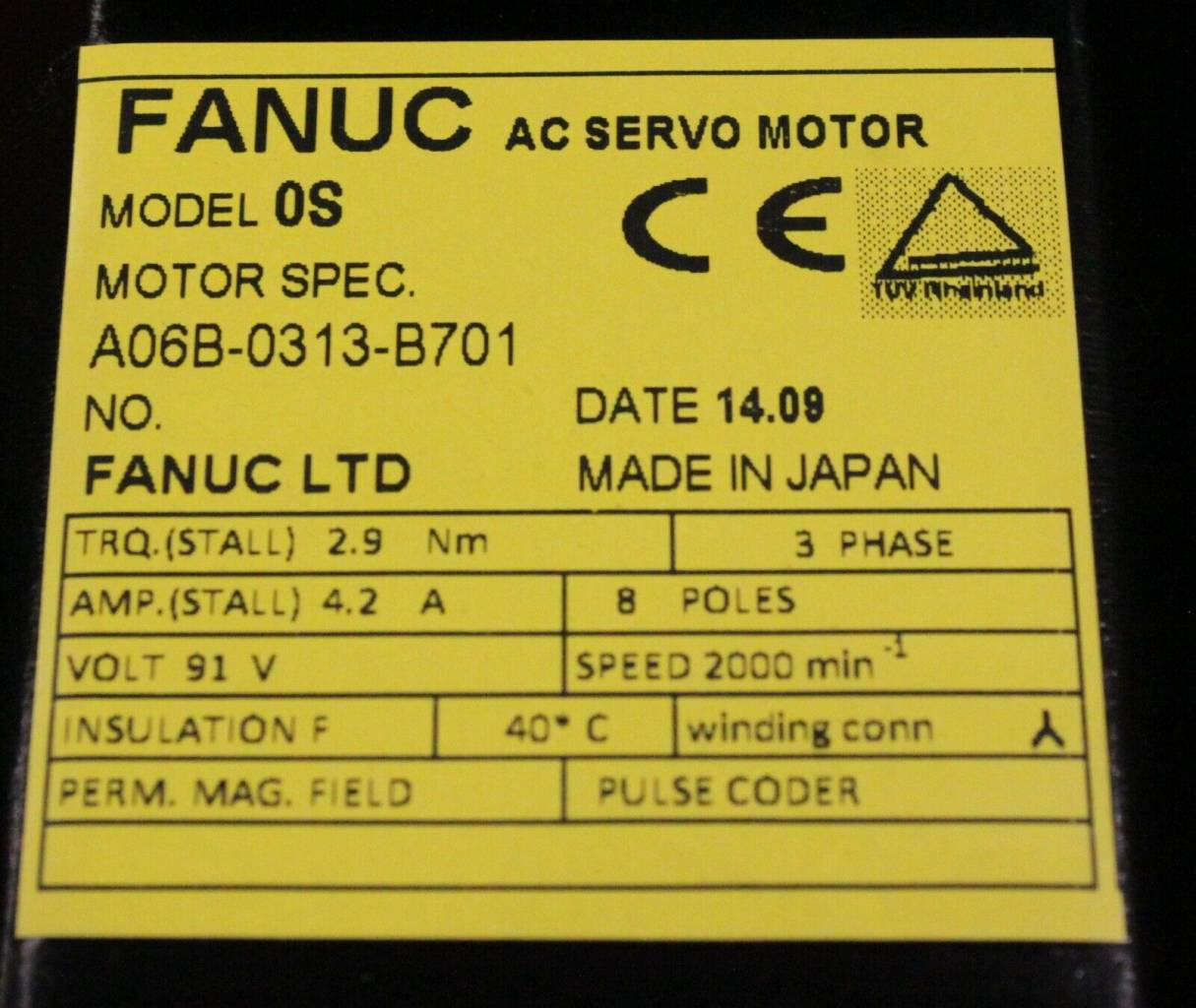 Fanuc A06B-0313-B701 AC MOTOR 0S 2000P BRAKE STRT *1 YEAR WARRANTY* | General Servo & Spindle Motors