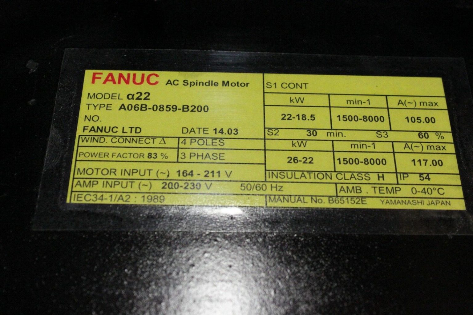 A06B-0859-B200 Fanuc AC Spindle Motor A22 Foot Mnt, 164-211V, 50/60HZ ...