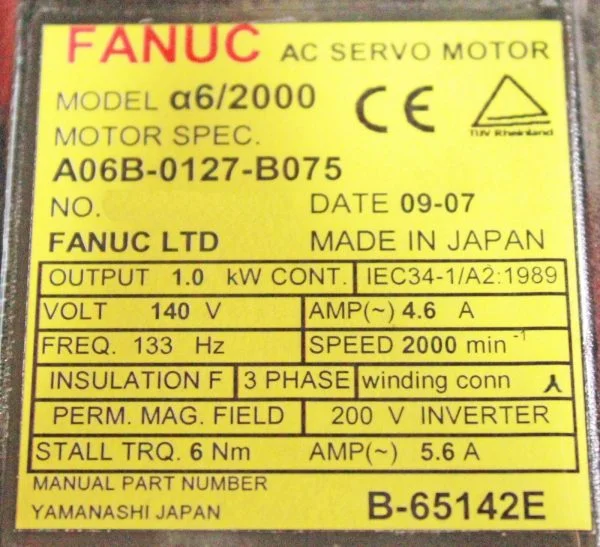 A06B-0127-B075 Fanuc AC Servo Motor A6/2000 A64 Pulse, 140V, 133Hz, 3PH, 4.6A | General Servo ...