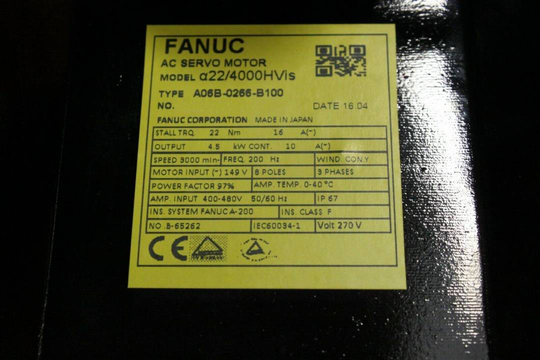 A06B-0266-B100 Fanuc AC Servo Motor AIS22/4000HV AIA1000 STR, 149V, 200Hz, 3PH, 4.5A | General ...