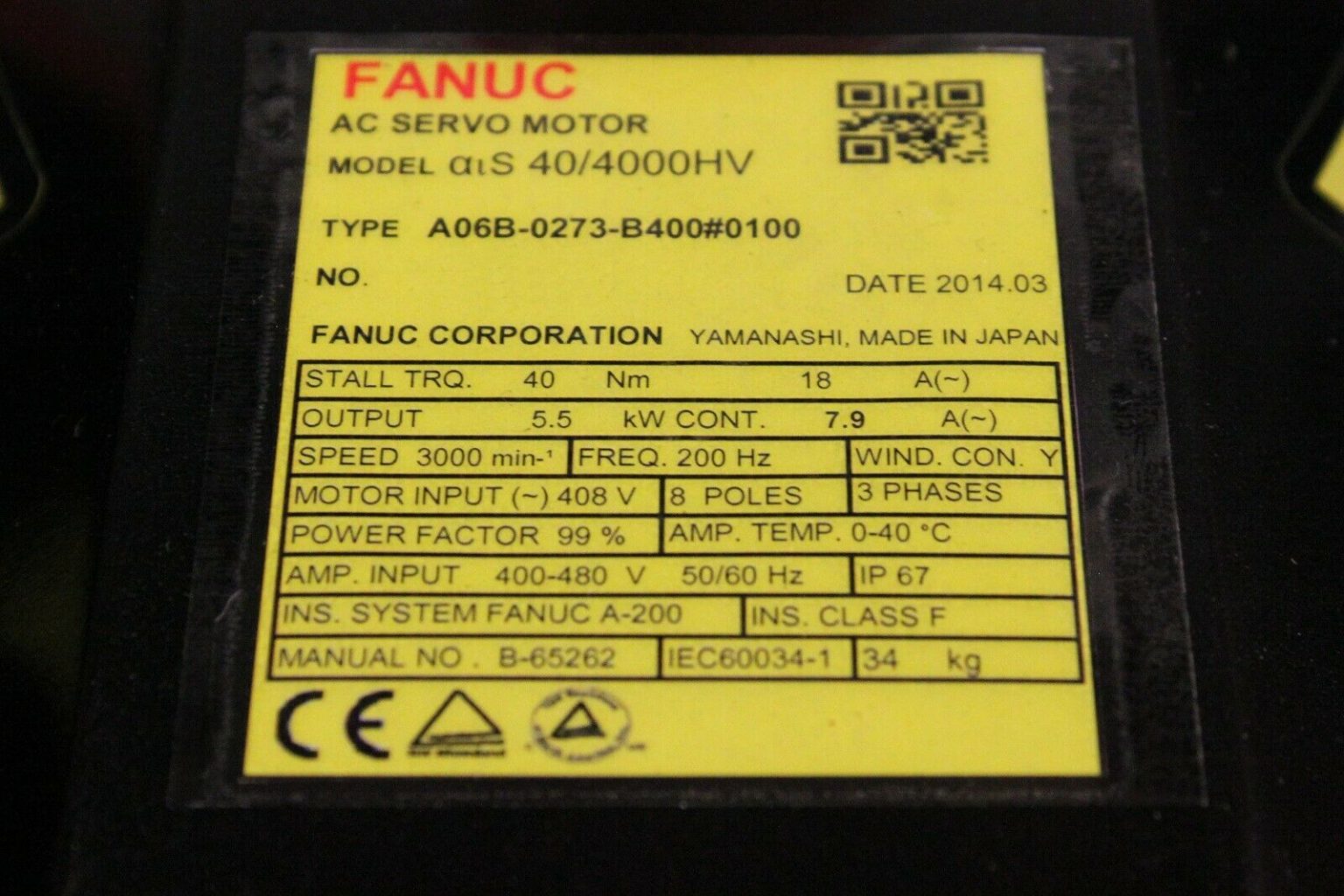 A06B-0273-B400#0100 Fanuc AC Servo Motor AIS40/4000HV A1000I Brake S.S IP, 408V, 200Hz, 3PH, 7 ...