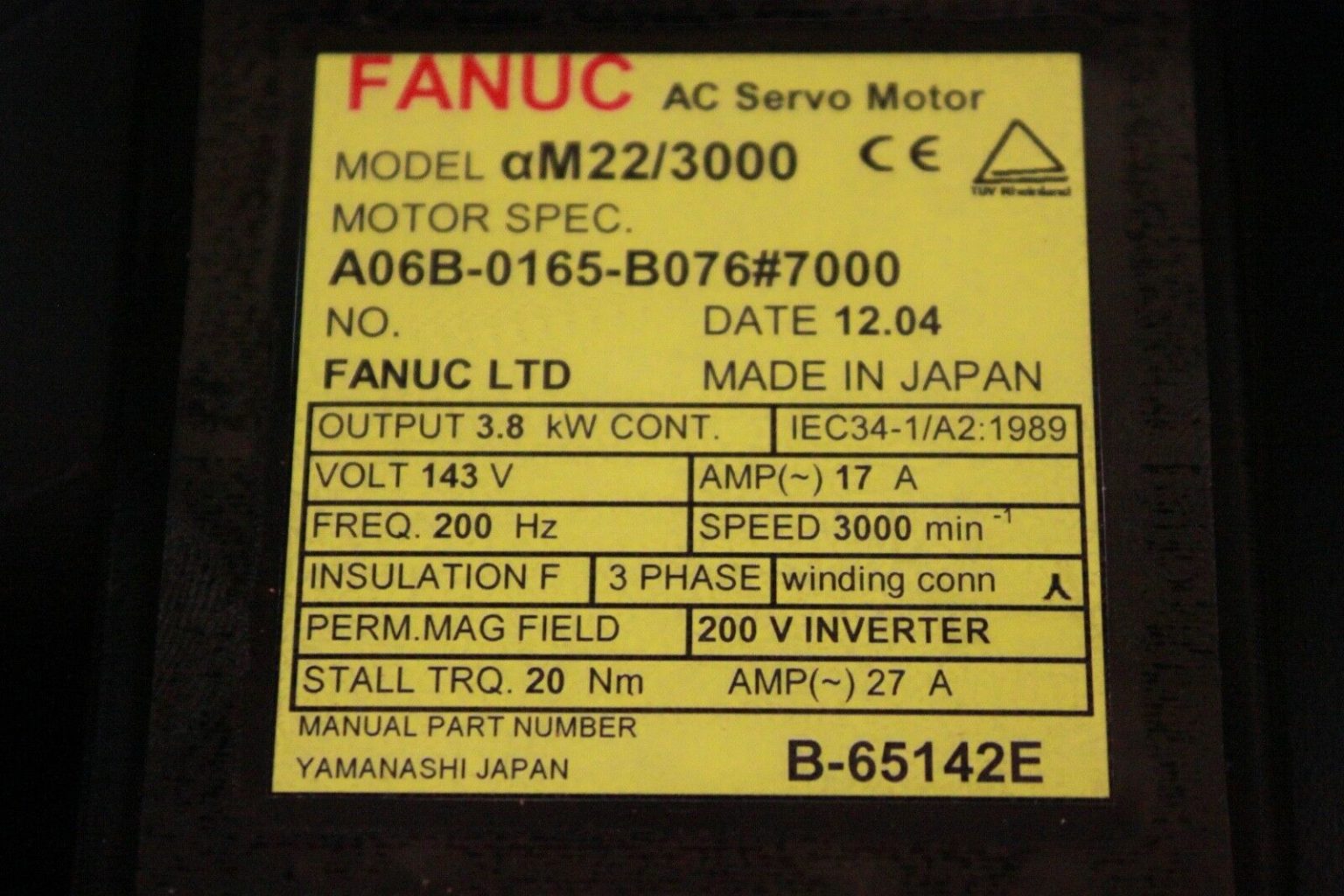 A06B-0165-B076#7000 Fanuc AC Servo Motor AM22/3000 A64+S.CAP, 143V, 200Hz, 3PH, 17A | General ...