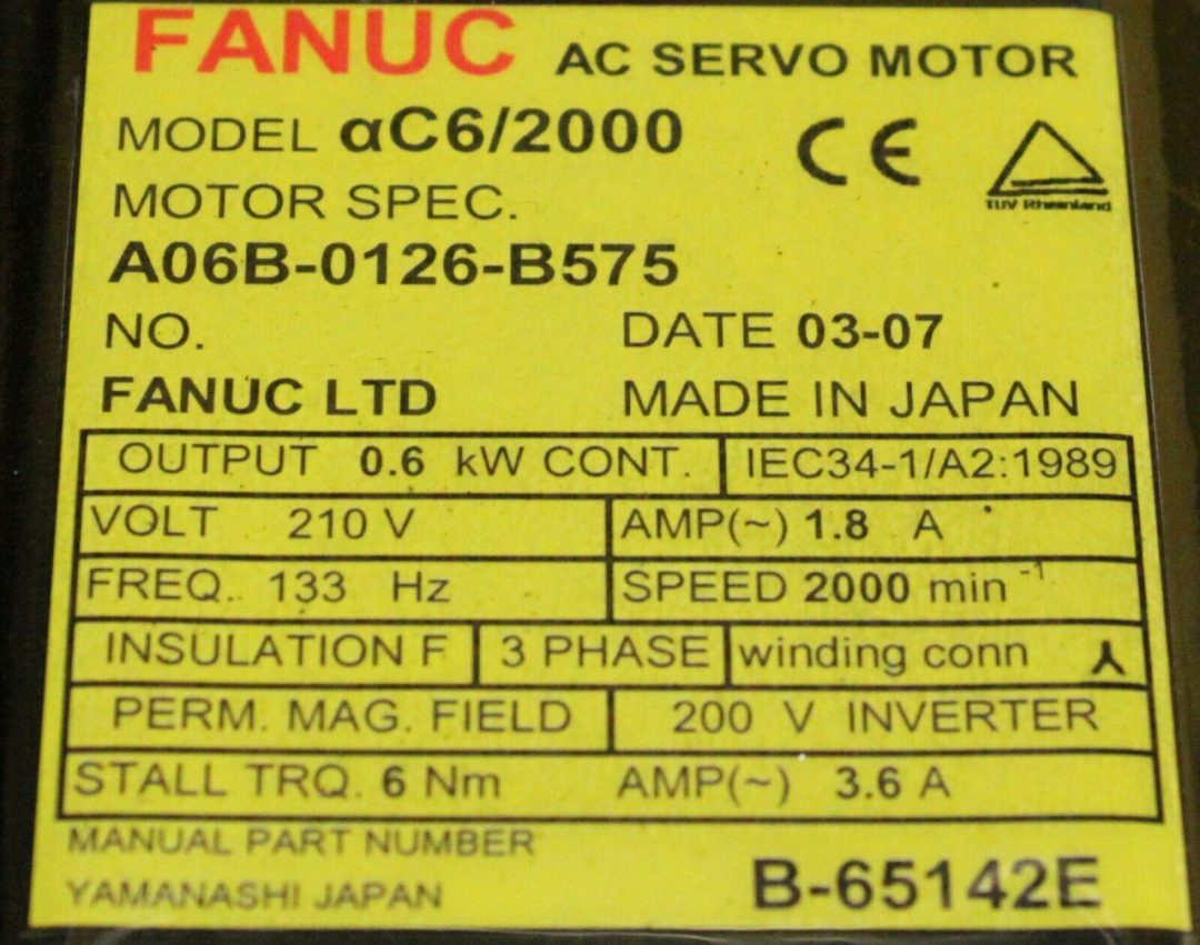 Fanuc A06B-0126-B575 AC MOTOR AC6/2000 A64 ST SHAFT *1 YEAR WARRANTY* | General Servo & Spindle ...