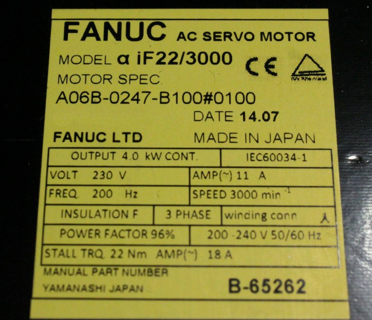 Fanuc A06B-0247-B100#0100 AC MOTOR A22/3000I A1000I STR *1 YEAR WARRANTY* | General Servo ...