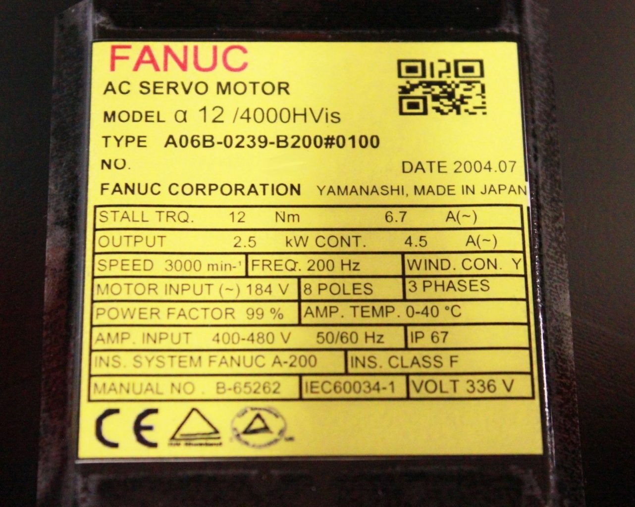 A06B-0239-B200#0100 Fanuc AC Servo Motor AIS12/4000HV A1000I Keyway, 184V, 200Hz, 3PH, 4.5A ...