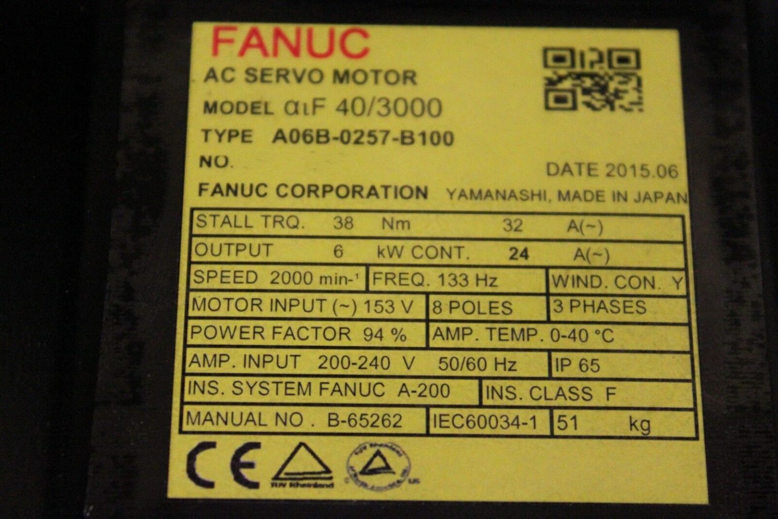 Fanuc A06B-0257-B100 AC MOTOR A40/3000 A1000I STR *1 YEAR WARRANTY ...