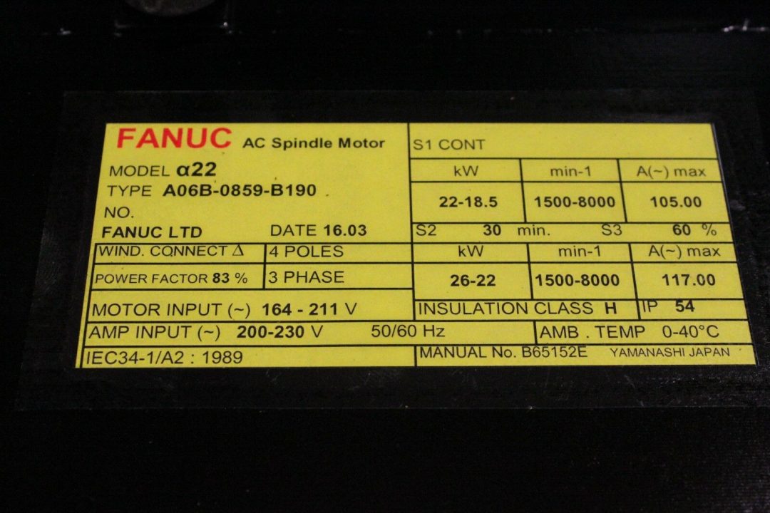 Fanuc A06B-0859-B190 AC SPINDLE MOTOR A22 MZ SENSOR *1 YEAR WARRANTY ...