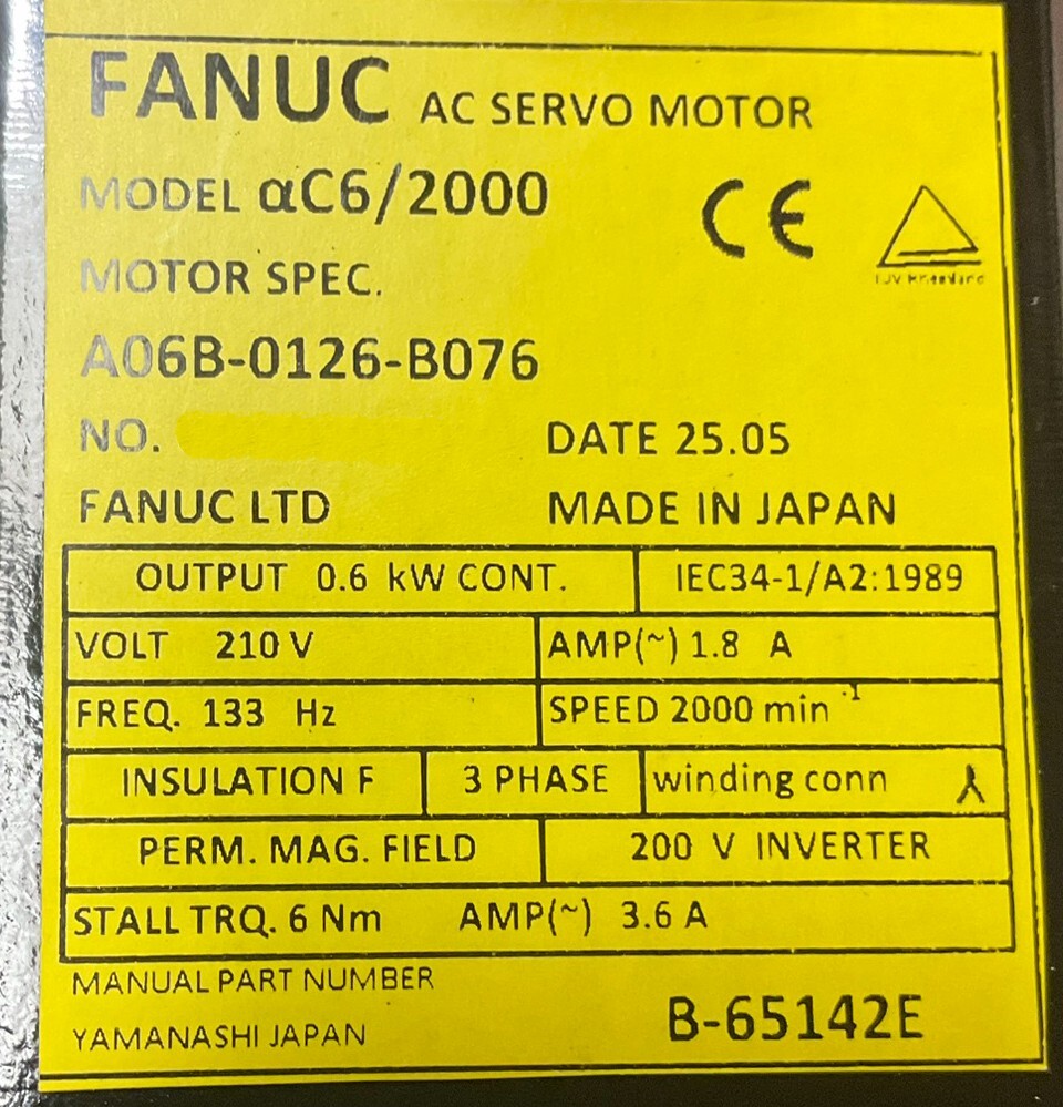Fanuc A06B-0126-B076 AC MOTOR AC6/2000 *1 YEAR WARRANTY* | General Servo & Spindle Motors