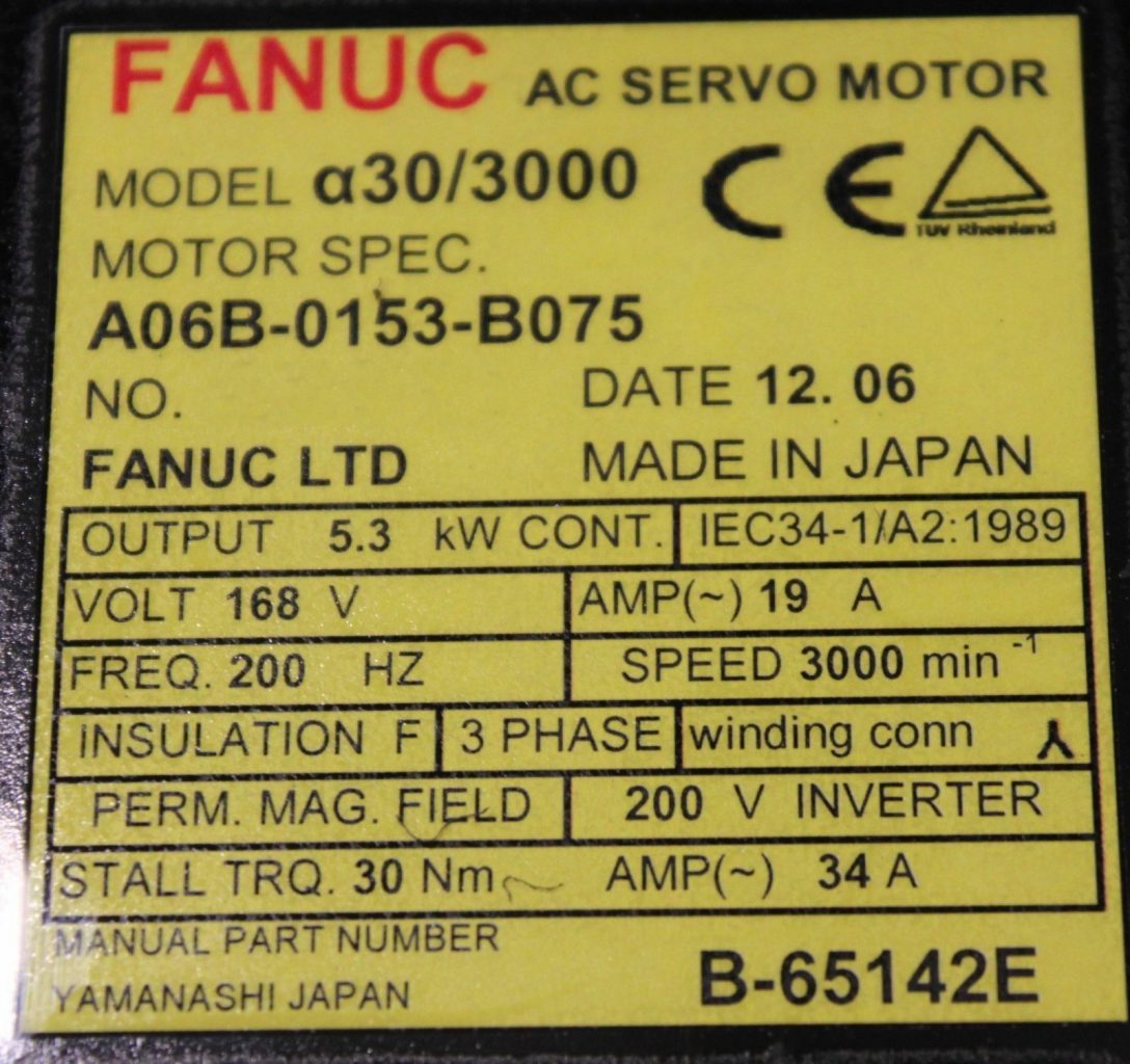 Fanuc A06B-0153-B075 AC MOTOR A30/3000 A64 PULSE *1 YEAR WARRANTY* | General Servo & Spindle Motors