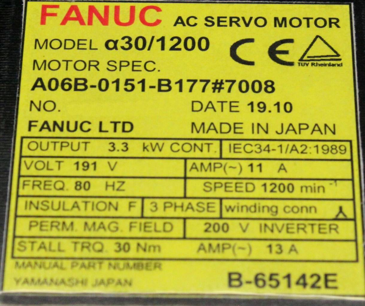A06B-0151-B177#7008 Fanuc AC Servo Motor A30/1200 I64 Brake KY, 191V ...