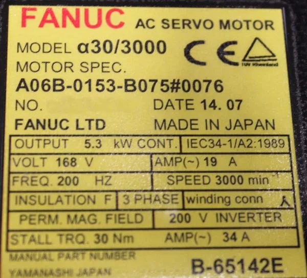 Fanuc A06B-0153-B075#0076 AC MOTOR A30/3000 A64 W/KEYWAY IP67 *1 YEAR WARRANTY* | General Servo ...